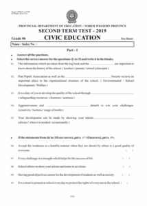 Grade 06 Civic Education 2nd Term Test Paper 2019 English Medium ...