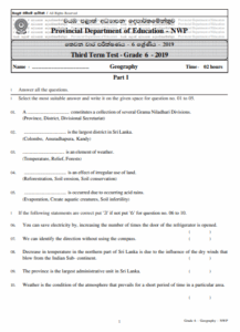 Grade 06 Geography 3rd Term Test Paper 2019 English Medium - North ...