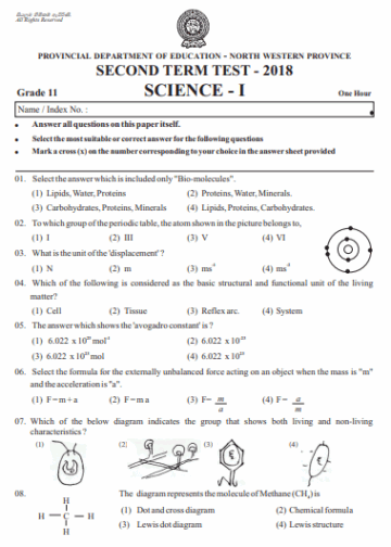 Grade 11 Science 2nd Term Test Paper 2018 English Medium - North ...