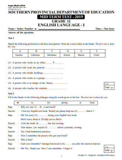 Grade 11 English 2nd Term Test Paper With Answers 2019 Southern Province Grade 11 English 2nd Term Test Paper With Answers 2019 Southern Province