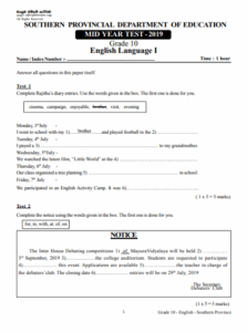 Grade 10 English 2nd Term Test Paper 2019 - Southern Province