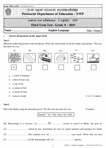 Grade 08 English 3rd Term Test Paper With Answers 2019 - North western ...