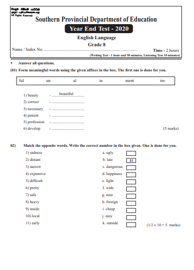 Grade 08 English 3rd Term Test Paper With Answers 2020 Southern Province