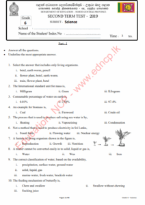 Grade 06 Science 2nd Term Test Paper 2019 - English Medium | North ...