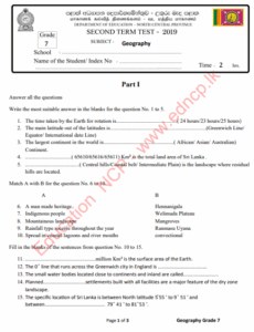 Grade 07 Geography 2nd Term Test Paper 2019 - English Medium | North ...