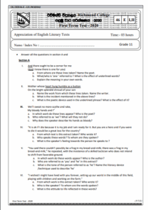Grade 11 Appreciation of English Literary Texts 1st Term Test Paper ...