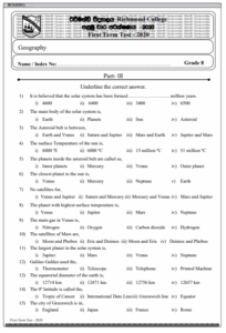 Grade 08 Geography 1st Term Test Paper 2020 | English Medium