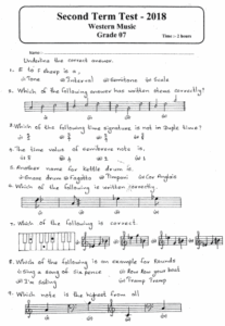 Grade 07 Western Music 2nd Term Test Paper 2018 | English Medium