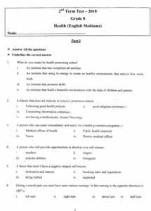 Grade 08 Health 2nd Term Test Paper 2018 | English Medium