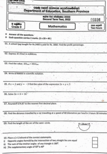 2022 Grade 09 Maths 2nd Term Test Paper | English Medium