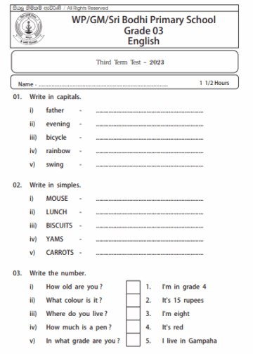 2023 Grade 03 English 3rd Term Test Paper | Sri Bodhi Primary School