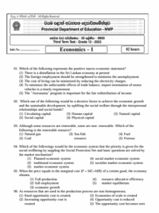 2023 Grade 12 Economics 3rd Term Test Paper North Western Province