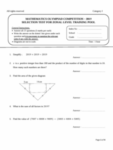 2019 Mathematics Olympiad Past Paper - Zone Level (Category I ...